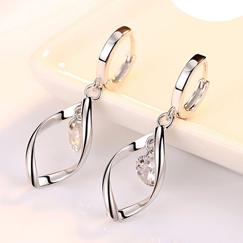 Simple twisting silver earrings women's rotating diamond-studded ...