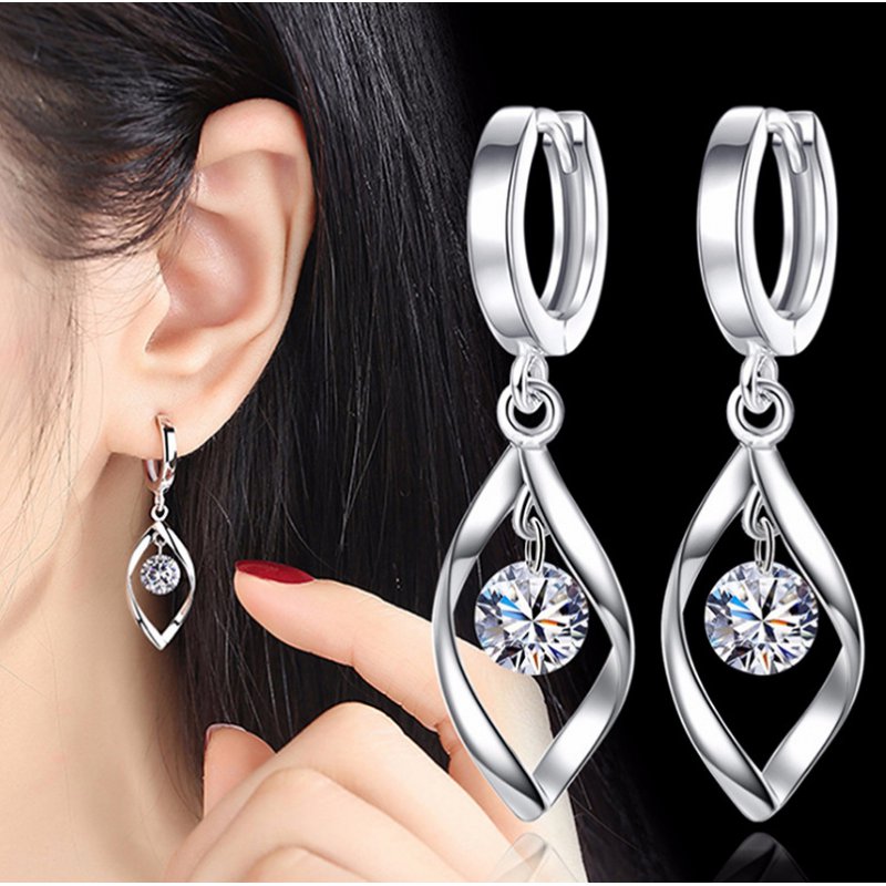 Simple twisting silver earrings women's rotating diamond-studded ...